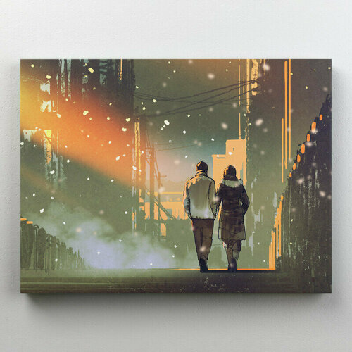 Интерьерная картина на холсте "Парочка гуляет по зимнему городу" размер 30x22 см