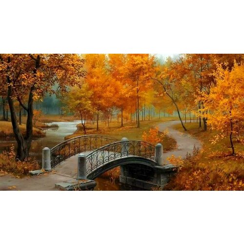 Картина на холсте 60x110 LinxOne "Осень мостик парк" интерьерная для дома / на стену / на кухню / с подрамником