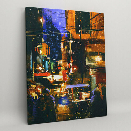 Картина на холсте (интерьерный постер) "Улицы ночного города зимой - арт", с деревянным подрамником, размер 22x30 см