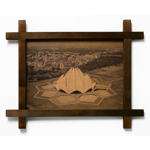 Картина Храм лотоса, Индия, гравировка на натуральной коже, интерьерная для украшения и декора на стену в деревянной раме, подарок, BoomGift