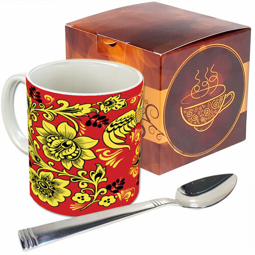 Кружка с ложкой в подарочной коробке "Гжель", классическая, для чая и кофе, керамика, 330 мл