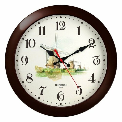 Часы настенные, серия: Интерьер, "Мельница", плавный ход, d-29 см, коричневые