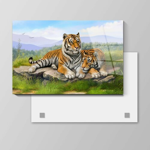 Картина на стекле - "Семья тигров" размер 50-75 см