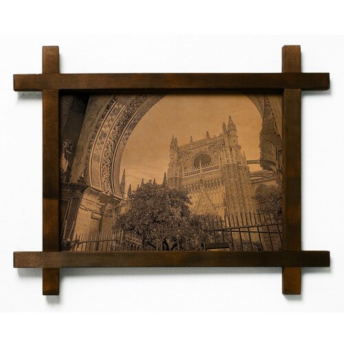 Картина Севильский кафедральный собор, Испания, гравировка на натуральной коже в деревянной раме, подарок, BoomGift