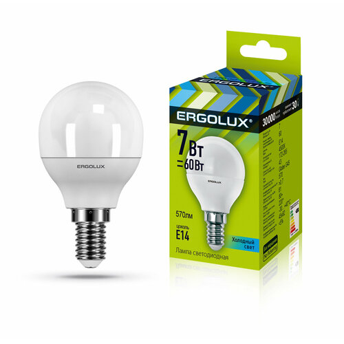Светодиодная лампа Е14 7Вт ERGOLUX 12144 LED-G45-7W-E14-4K, 4500K, 675Лм, нейтральный белый, шар