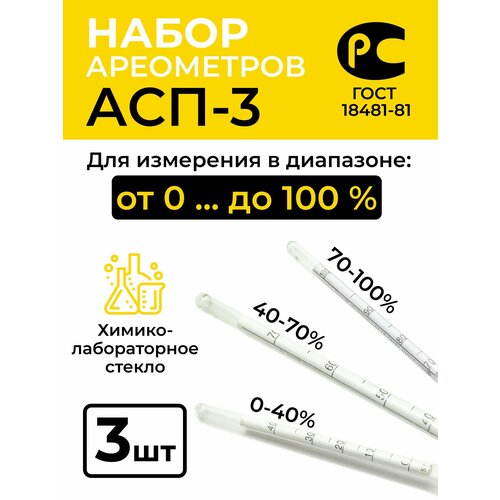 Набор ареометров АСП-3, 0-40%, 40-70%, 70-100%