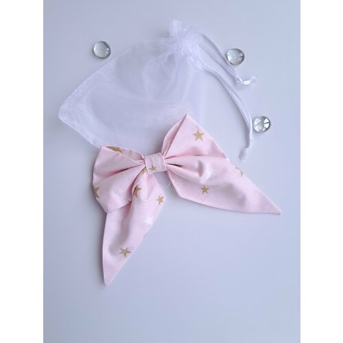 Бант для волос из хлопка на заколке MARU для девочек/женский розовый "Розовые звезды", 13 см.