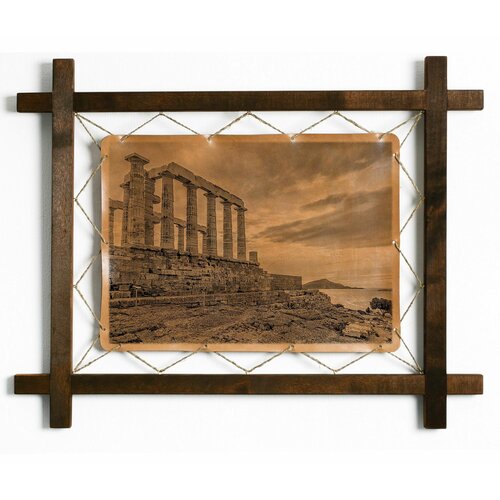 Картина Храм Посейдона на мысе Сунион, Греция, гравировка на натуральной коже в деревянной раме, подарок, BoomGift