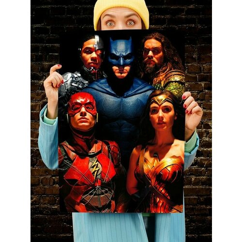 Постер интерьерный Лига справедливости, 70х46 см. Матовый яркий. Супергерои Бэтмен Чудо Женщина Аквамен Флеш