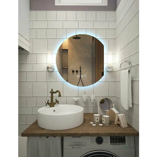 Зеркало для ванной с часами Eclipse 70*60 круглое с правым срезом с холодной LED-подсветкой
