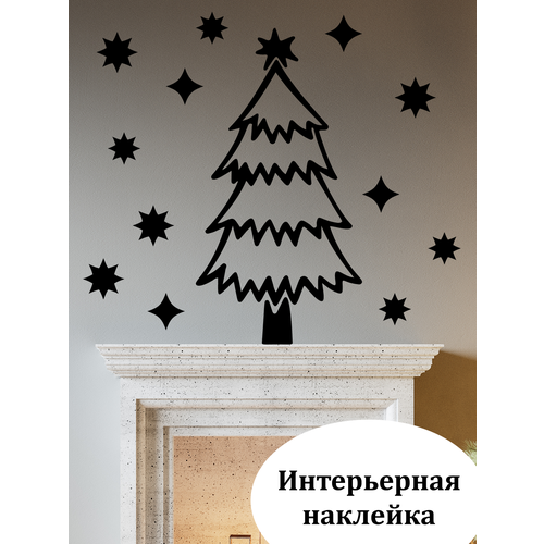 Наклейка 'Контурная елка' (Интерьерная наклейка на Новый год Елка, снежинки и звезды декор для праздника)