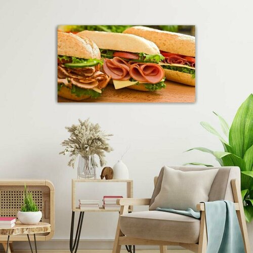 Картина на холсте 60x110 LinxOne "Сэндвичи овощи балык" интерьерная для дома / на стену / на кухню / с подрамником