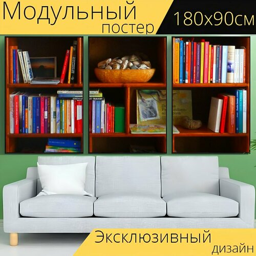Модульный постер "Книжная полка, книги, профессия" 180 x 90 см. для интерьера