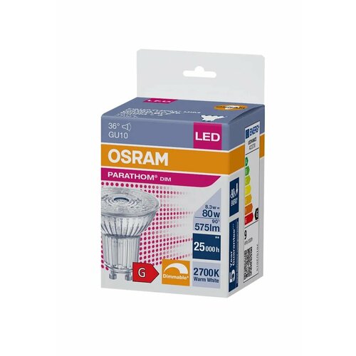 Лампа светодиодная OSRAM 8.3W=80W 220V Софит PARATHOM GU10 PAR16 575Лм Диммируемая угол 36° 2700К Ra≥90 Теплый белый, уп. 1шт