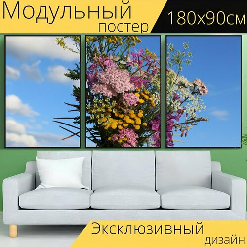 Модульный постер "Полевые цветы, цветы, поле" 180 x 90 см. для интерьера