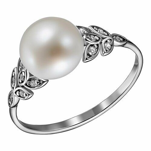 Перстень Серебряное кольцо 925 пробы с Жемчугом и Фианитами, серебро, 925 проба, родирование, фианит, жемчуг культивированный, белый, серебряный