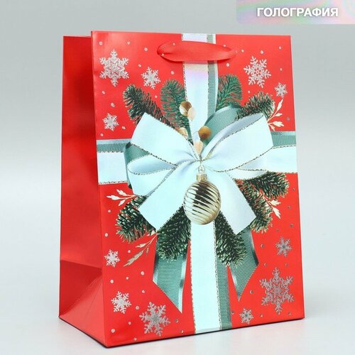Подарочный пакет Дарите Счастье "Новогодний бант", ламинированный, вертикальный, размер МS, 18х23х10 см