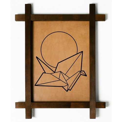Картина Бумажный журавлик, гравировка на натуральной коже, интерьерная для украшения и декора на стену в деревянной раме, подарок, BoomGift