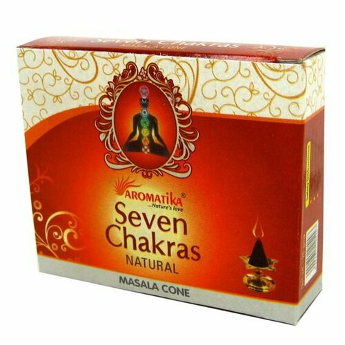 SEVEN CHAKRAS NATURAL MASALA CONE, Aromatika (семь чакр конусные благовония, Ароматика), уп. 25 г. + подставка.