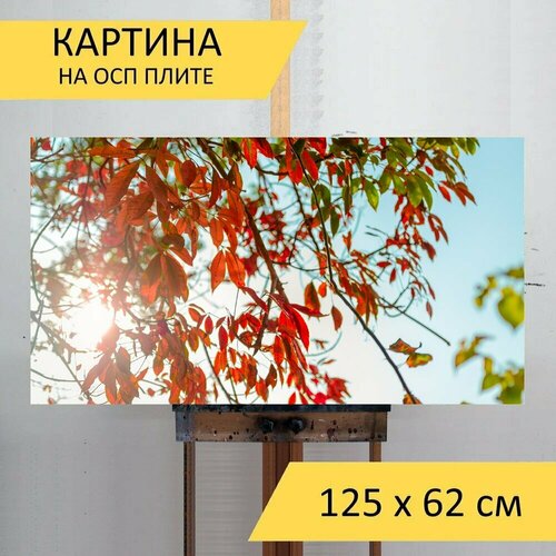 Картина на ОСП 125х62 см. "Желтые листья, осень, сияющий" горизонтальная, для интерьера, с креплениями