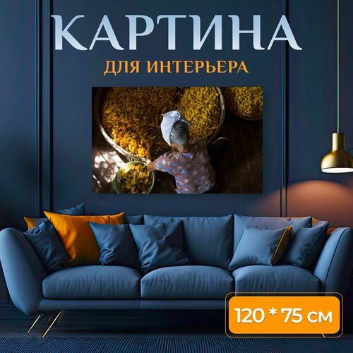 Картина на холсте "Шелк, желтый, женщина" на подрамнике 120х75 см. для интерьера