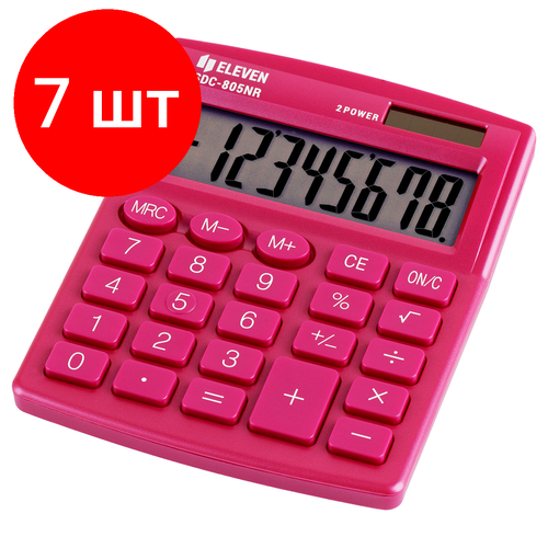 Комплект 7 шт, Калькулятор настольный Eleven SDC-805NR-PK, 8 разр, двойное питание, 127*105*21мм, розовый