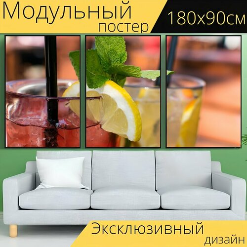 Модульный постер "Напиток, коктейль, фрукты" 180 x 90 см. для интерьера