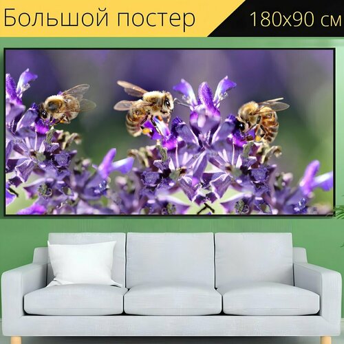 Большой постер "Пчелы, насекомые, цветочная пыльца" 180 x 90 см. для интерьера