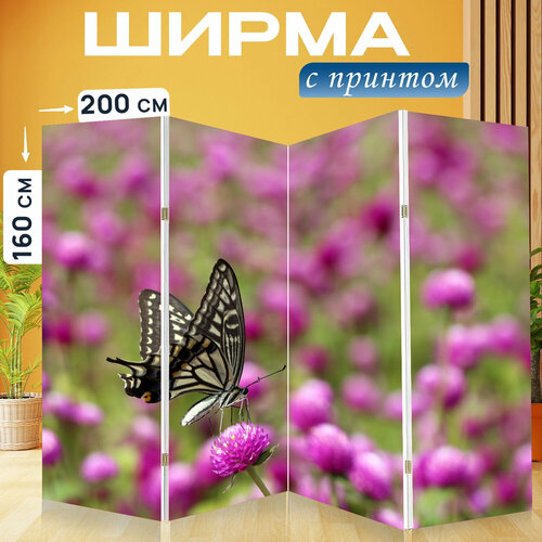 Ширма перегородка с принтом "Ангел розовый, бабочка, бабочка тигр" на холсте - 200x160 см. для зонирования, раскладная
