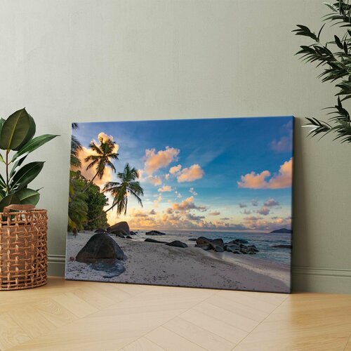 Картина на холсте (Райский пляж, пальмы море, тропический пляж, Сейшелы) 40x60 см. Интерьерная, на стену.