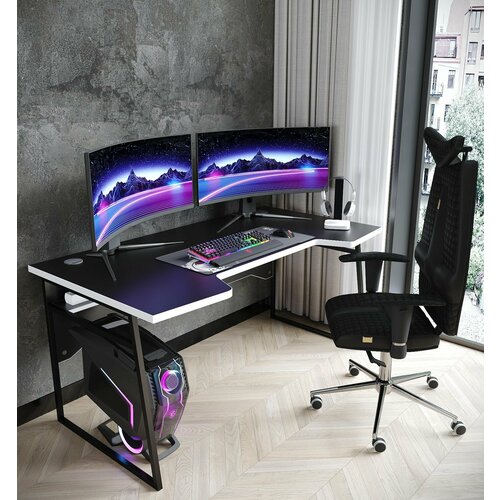 Стол компьютерный игровой, офисный, геймерский Expert черный/белый каркас металл для пк и ноутбука 140х77 см