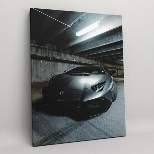 Картина на холсте (интерьерный постер) "Черная Ламборгини Авентадор - Lamborghini Aventador", с деревянным подрамником, размер 45x60 см
