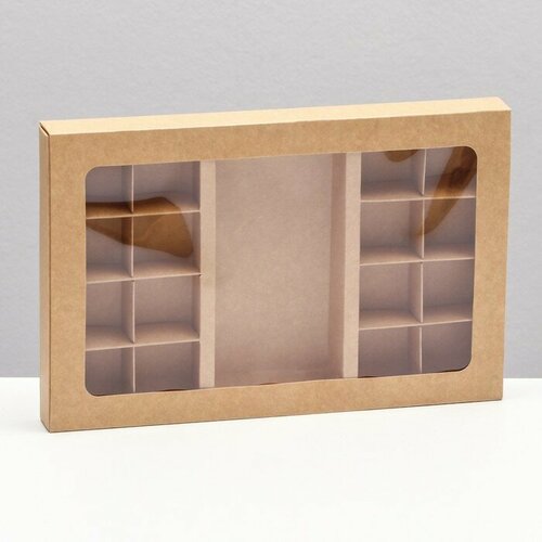 UPAK LAND Коробка по 8 + 8 конфет + шоколад, с окном, крафт 30 х 19,5 х 3 см