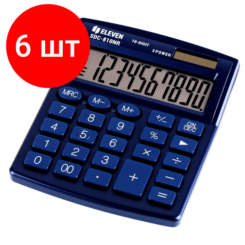 Комплект 6 шт, Калькулятор настольный Eleven SDC-810NR-NV, 10 разрядов, двойное питание, 127*105*21мм, темно-синий