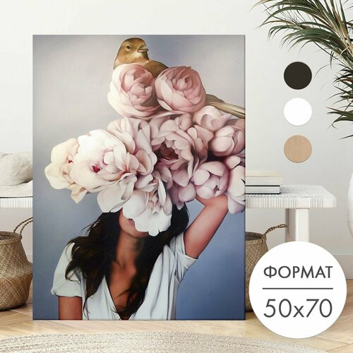 Плакат Постер 50х70 без рамки "Девушка пион и птица Эми Джадд" для интерьера