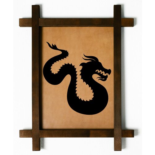 Картина Черный дракон, гравировка на натуральной коже, интерьерная для украшения и декора на стену в деревянной раме, подарок, BoomGift
