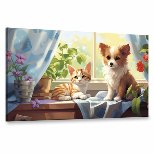 Интерьерная картина 100х60 "Пес и кот"