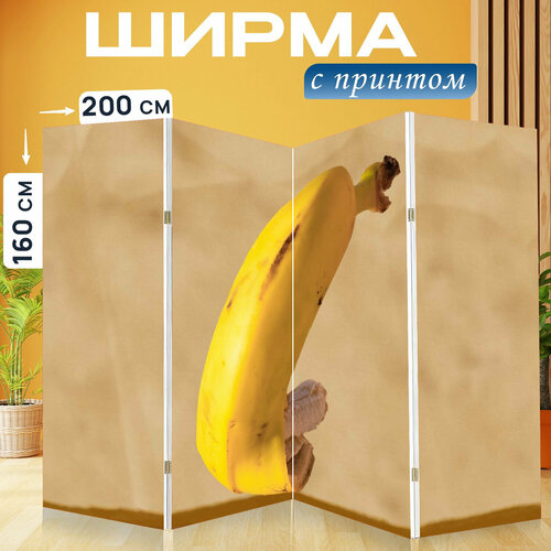 Ширма перегородка с принтом "Банан, фрукты, юмор" на холсте - 200x160 см. для зонирования, раскладная