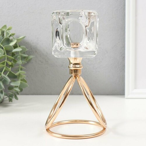 Подсвечник металл, стекло на 1 свечу "Ледяной кубик" d=6 см золото 10х10х19 см