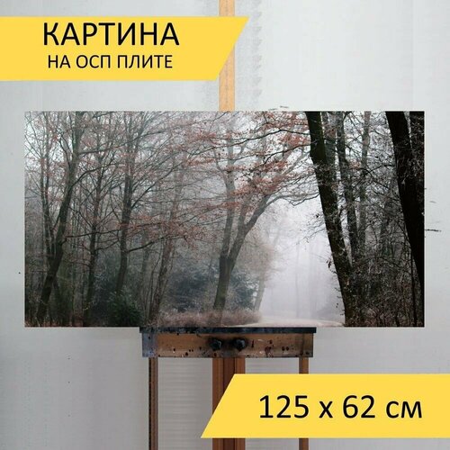 Картина на ОСП 125х62 см. "Туман, парк, природа" горизонтальная, для интерьера, с креплениями