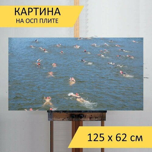 Картина на ОСП 125х62 см. "Плавать, соревнование, триатлон" горизонтальная, для интерьера, с креплениями