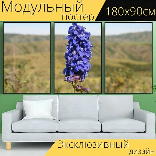 Модульный постер "Цветок, пастбища, фиолетовый синий" 180 x 90 см. для интерьера