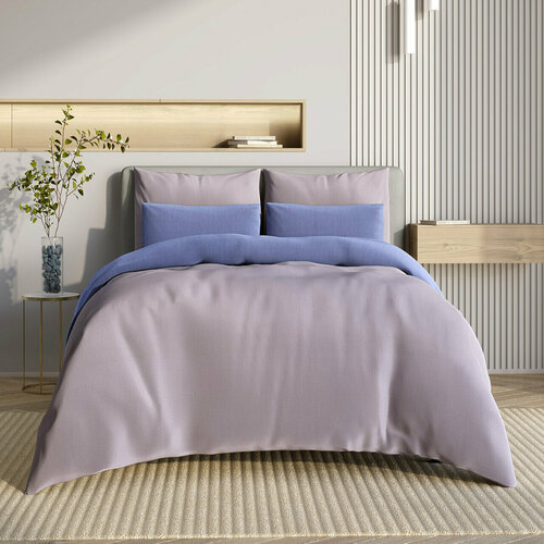 Комплект постельного белья евро 160 с резинкой Гармоника "Моно", 4 наволочки, сатин (хлопок 100%), розовый, синий, Ecotex