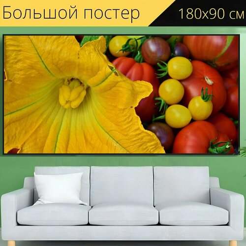 Большой постер "Уборка урожая, сад, помидоры" 180 x 90 см. для интерьера