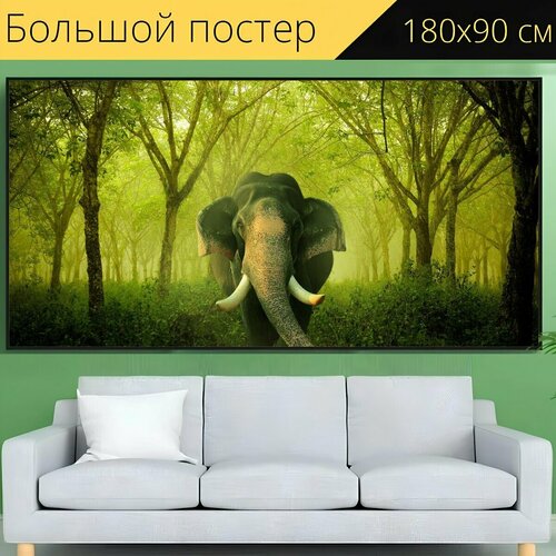 Большой постер "Слон, индийский, азия" 180 x 90 см. для интерьера