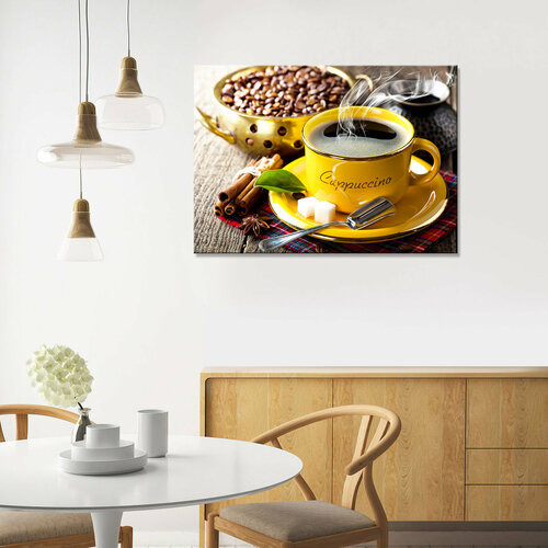 Картина на холсте для интерьера на стену в спальню, гостиную, кухню, офис - Жёлтая чашка кофе 50х70