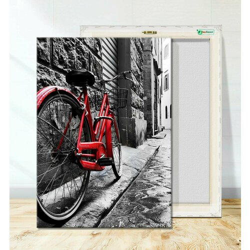 Картина на холсте для интерьера - черно-белая, нуар, красный велосипед 60х80 см