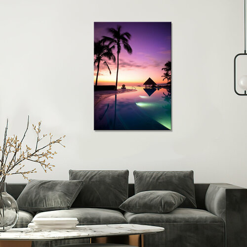 Интерьерная картина на холсте - Фиолетовый закат на море и пальмы арт картинка40х60
