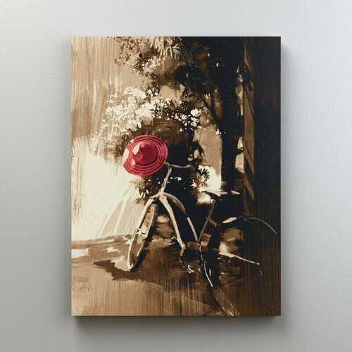 Интерьерная картина на холсте "Винтажный велосипед и красная шляпа в летний день" размер 45x60 см