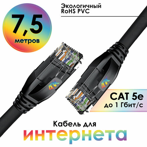 Патч-корд UTP LAN компьютерный кабель для подключения интернета cat 5e RJ45 1Гбит/c (4PH-LNC5000) черный 7.5м
